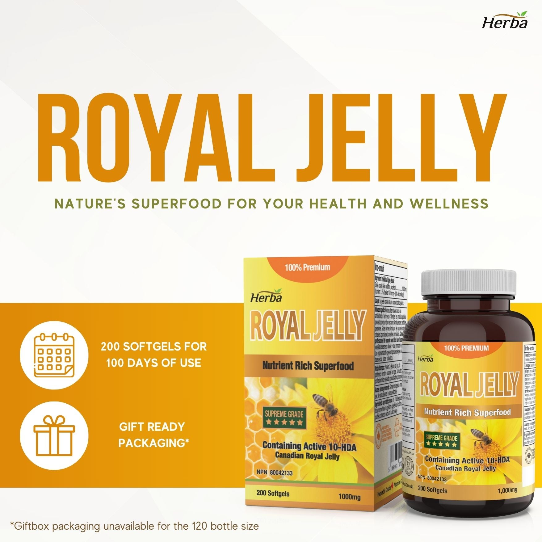 Buy Royal Jelly Capsules 1000mg - 200 Softgels | Made in Canada – Herba
