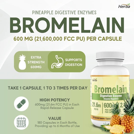 Buy Bromelain Supplement 600mg – 180 Capsules | 2,400 GDU/g Max Potency ...
