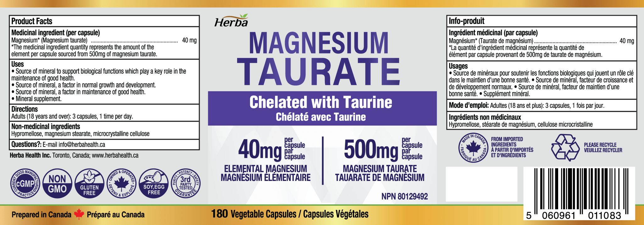Magnesium Taurate Supplement 500mg - 180 Capsules | Made in Canada – Herba