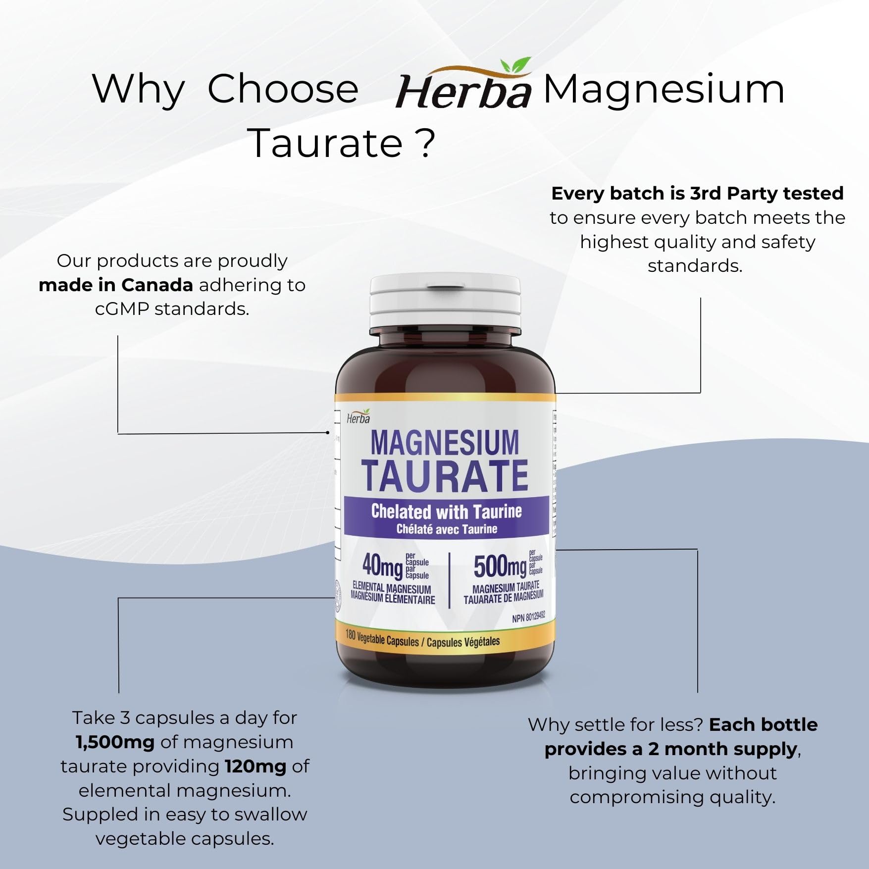 Magnesium Taurate Supplement 500mg - 180 Capsules | Made in Canada – Herba