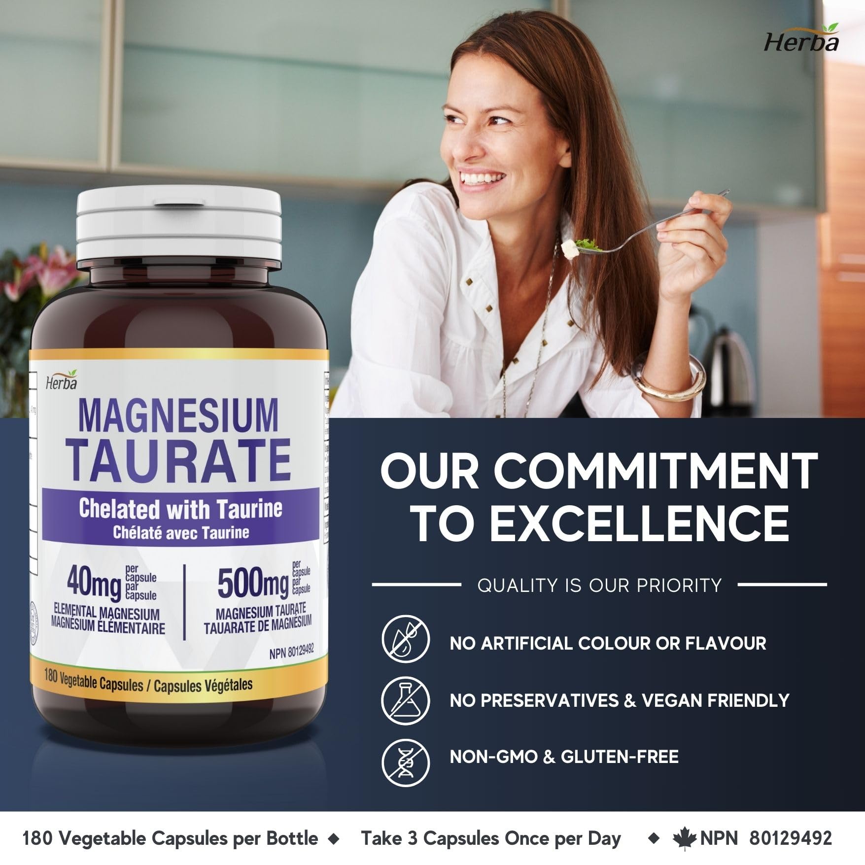 Magnesium Taurate Supplement 500mg - 180 Capsules | Made in Canada – Herba